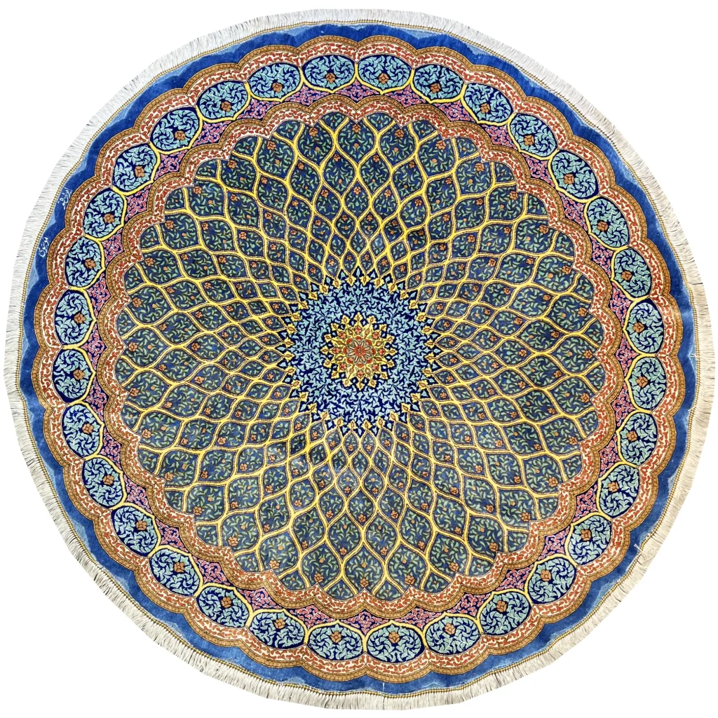 فرش گرد طرح گنبداشکی تمام ابریشم اصل قم، 18 دی 1404